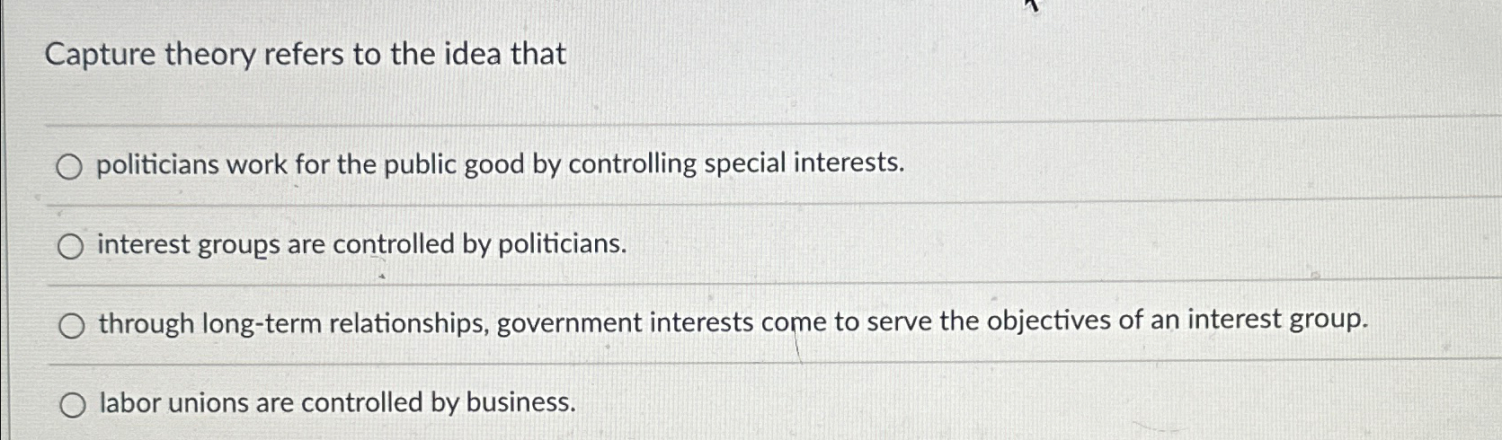 Solved Capture theory refers to the idea thatpoliticians | Chegg.com