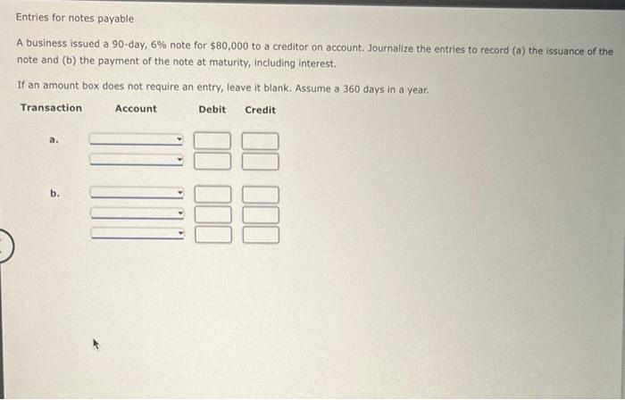 Solved Entries for notes payable A business issued a 90-day, | Chegg.com