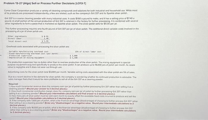Solved Problem 13-27 (Algo) Sell or Process Further | Chegg.com