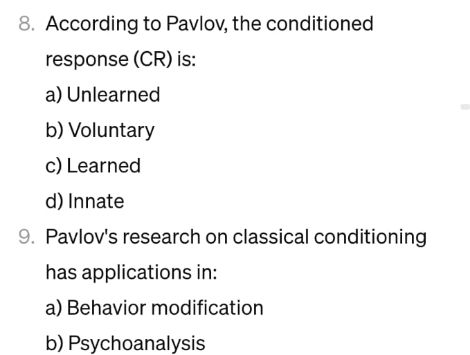 Solved According to Pavlov, the conditioned response (CR) | Chegg.com