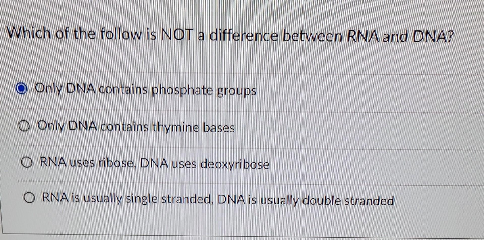 Solved Which of the follow is NOT a difference between RNA | Chegg.com