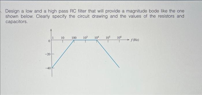 [Solved]: Design a low and a high pass RC filter that will