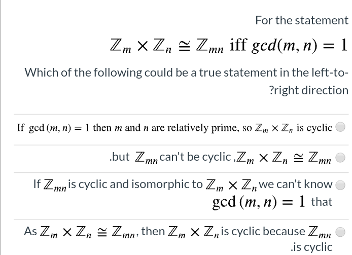 Solved For the statement Zm X Zn = Zmn iff ged(m, n) = 1 | Chegg.com