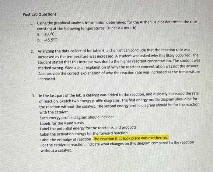 Solved Kinetics Lab continued During kinetics part 1, you | Chegg.com