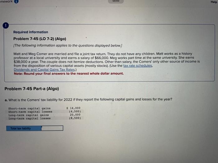 Solved Required information Problem 7-45 (LO 7-2) (Algo) | Chegg.com