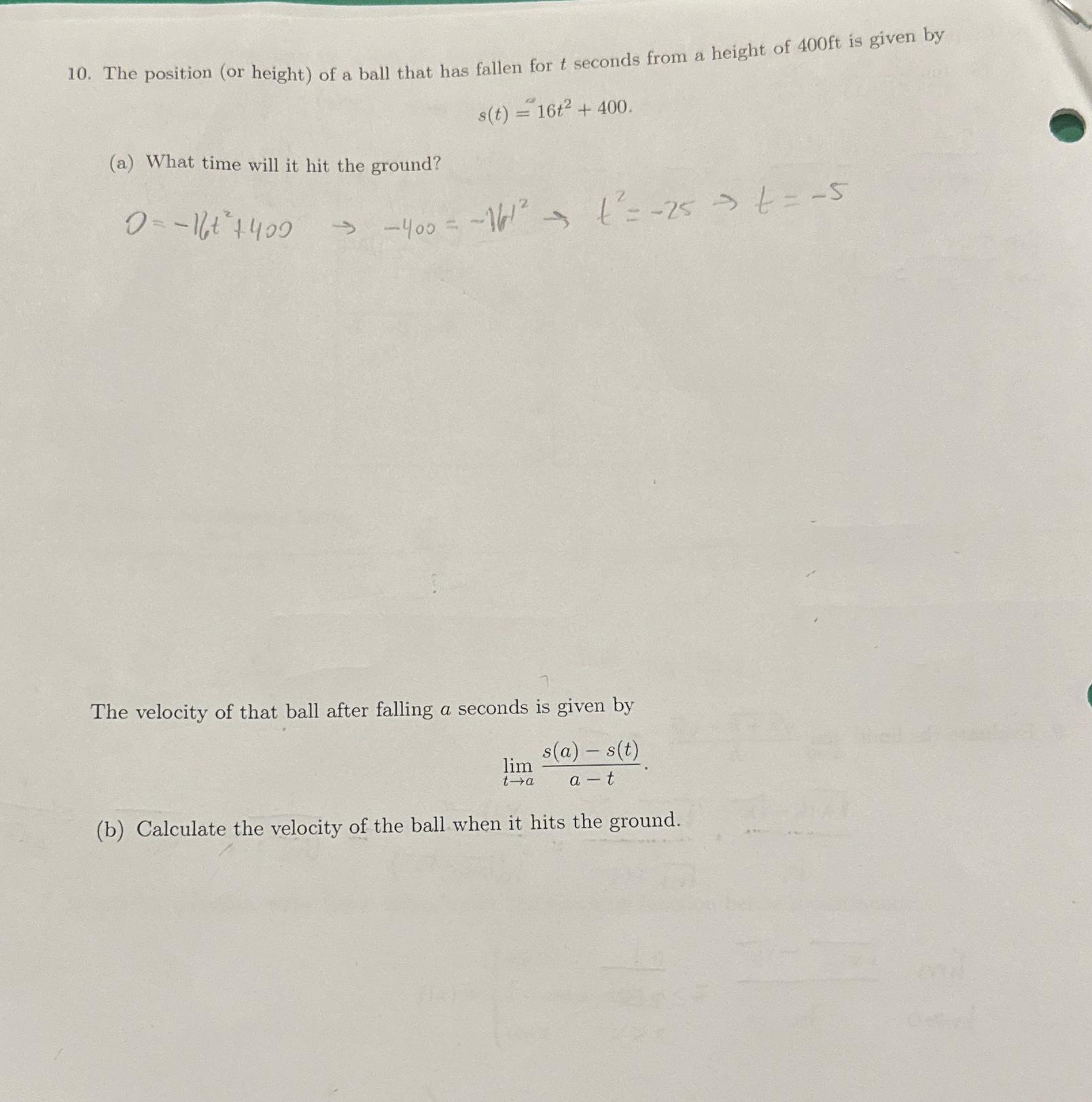 Solved The position (or height) ﻿of a ball that has fallen | Chegg.com