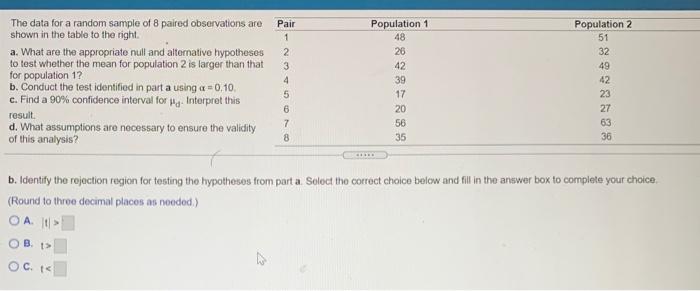 Solved The data for a random sample of 8 paired observations | Chegg.com