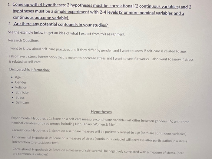 Solved 1. Come up with 4 hypotheses: 2 hypotheses must be | Chegg.com