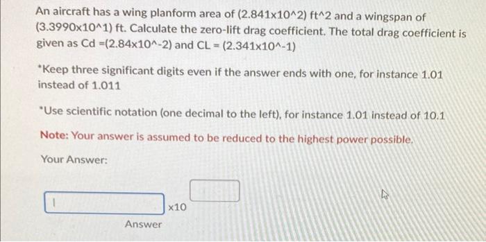 An aircraft has a wing planform area of | Chegg.com