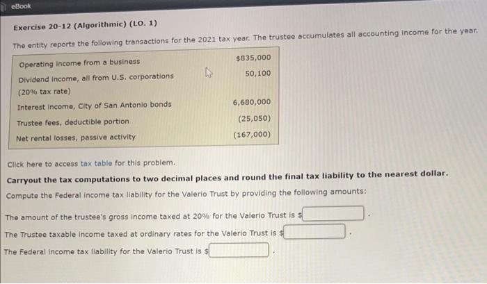 Exercise 20-12 (Algorithmic) (LO. 1) The entity | Chegg.com
