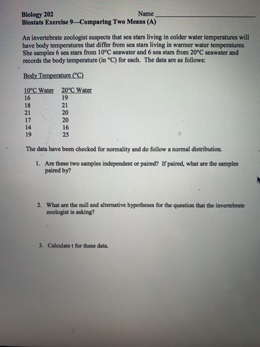 Solved Biology 202 Name Biostats Exercise 9–Comparing Two | Chegg.com