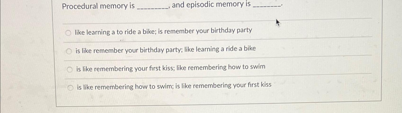 Solved Procedural memory is , ﻿and episodic memory islike | Chegg.com