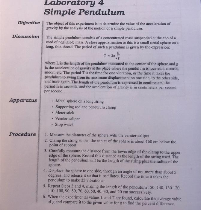 Solved Laboratory 4 Simple Pendulum The object of this | Chegg.com