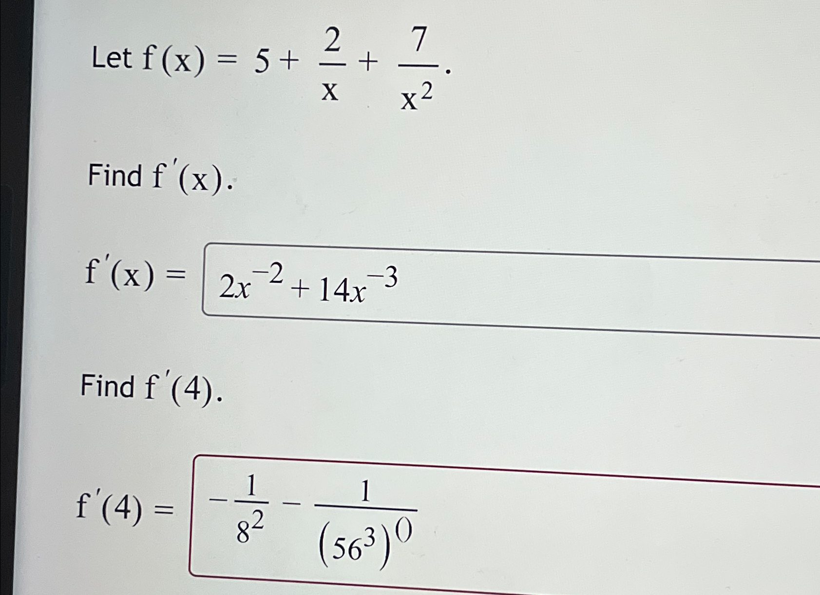 Solved Let f(x)=5+2x+7x2Find f'(x).f'(x)=Find | Chegg.com