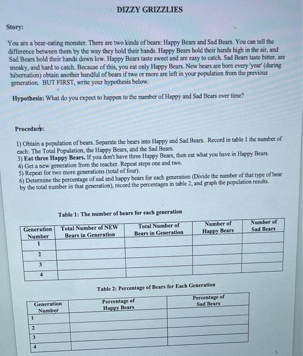 Solved DIZZY GRIZZLIES Story: You are a bear-cating monster. | Chegg.com