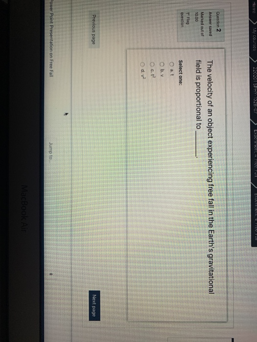 Solved the velocity of an object experiencing free fall in | Chegg.com