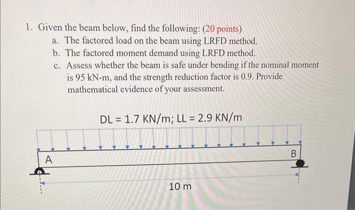 Solved 1. Given the beam below, find the following: ( 20 | Chegg.com