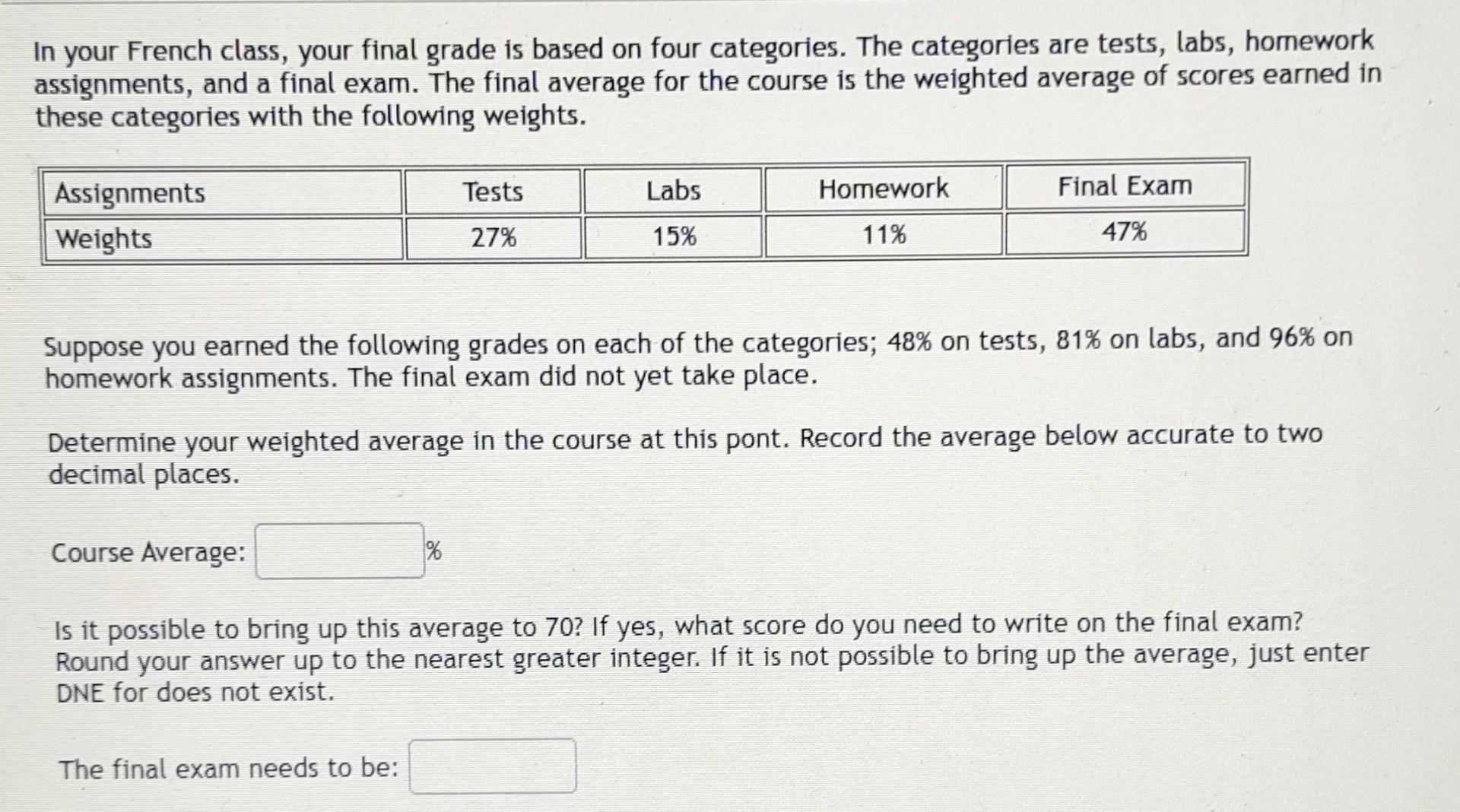 Solved In your French class, your final grade is based on | Chegg.com
