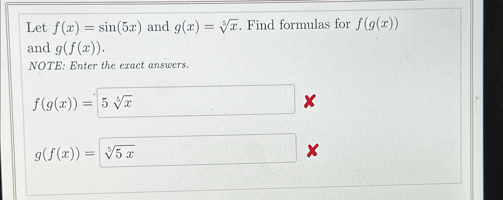 Solved Let f(x)=sin(5x) ﻿and g(x)=x5. ﻿Find formulas for | Chegg.com