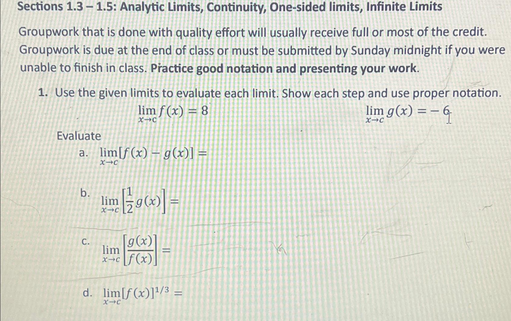 Solved Sections 1.3 - 1.5: Analytic Limits, Continuity, | Chegg.com