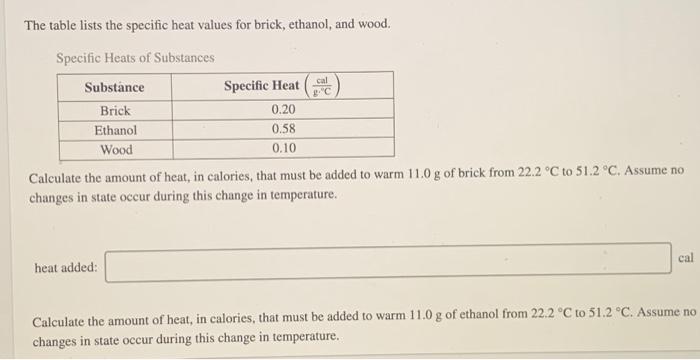 Solved The table lists the specific heat values for brick, | Chegg.com