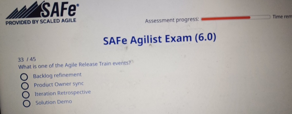 Solved SAFEPROVIDED BY SCALED AGILEAssessment progress:Time | Chegg.com