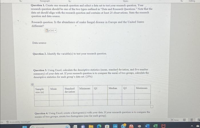 Question 1. Create one research question and select a | Chegg.com