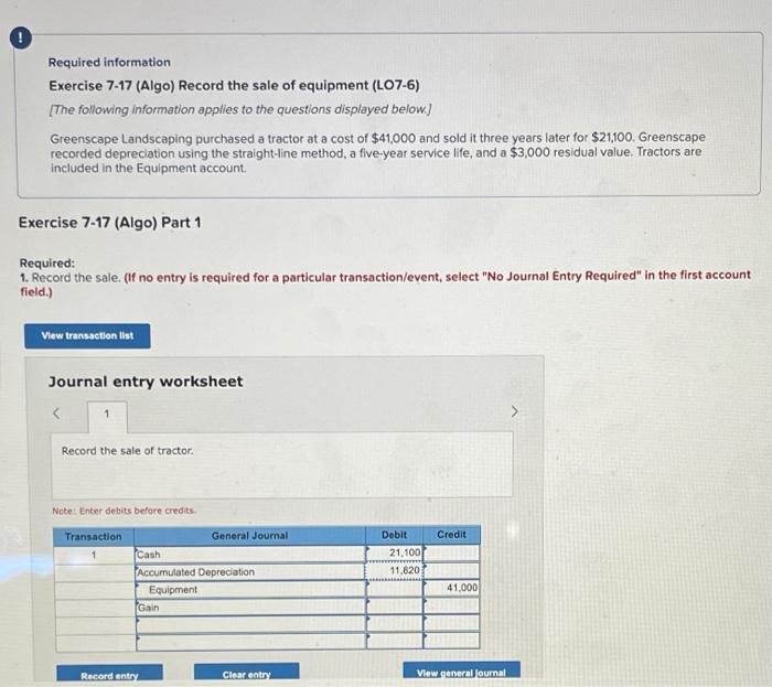 Solved Required information Exercise 7-17 (Algo) Record the | Chegg.com
