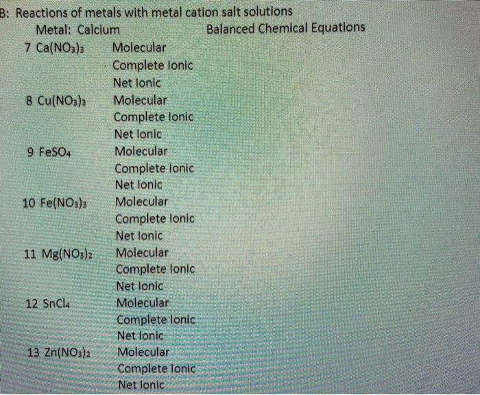 Solved B: Reactions of metals with metal cation salt | Chegg.com