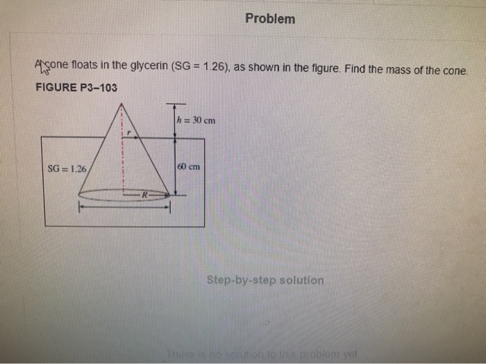 Solved Problem Acone floats in the glycerin (SG = 1.26), as | Chegg.com