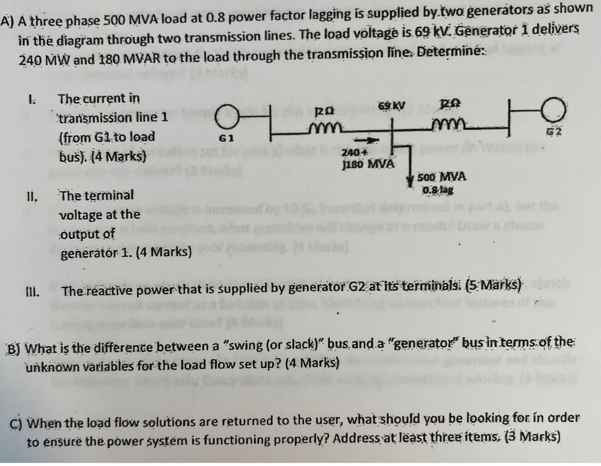 Solved A) ﻿A three phase 500 ﻿MVA load at 0.8 ﻿power factor | Chegg.com