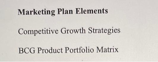 Solved Marketing Plan Elements Competitive Growth Strategies | Chegg.com