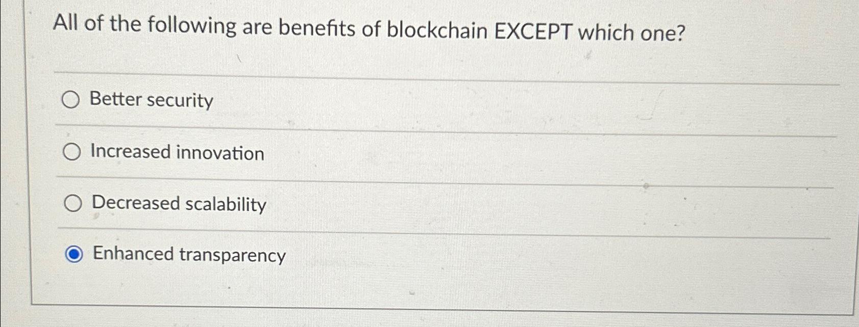 Solved All of the following are benefits of blockchain | Chegg.com