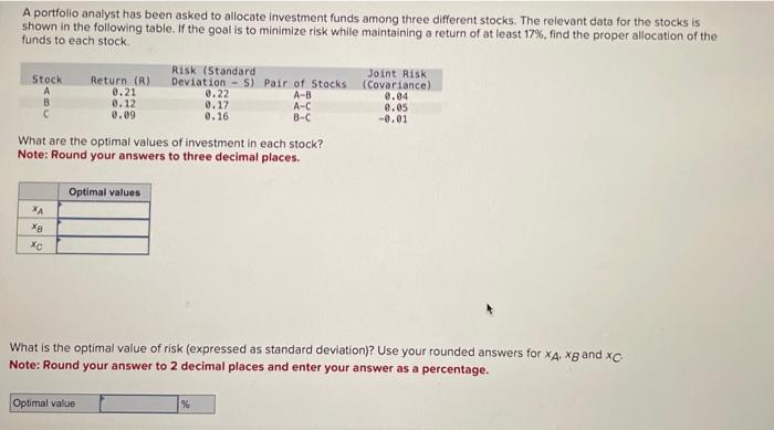 Solved A portfolio analyst has been asked to allocate | Chegg.com