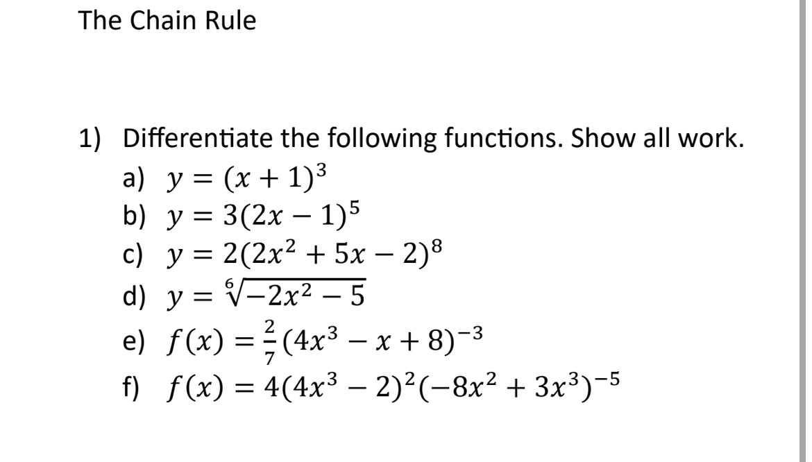 Solved The Chain RuleDifferentiate the following functions. | Chegg.com
