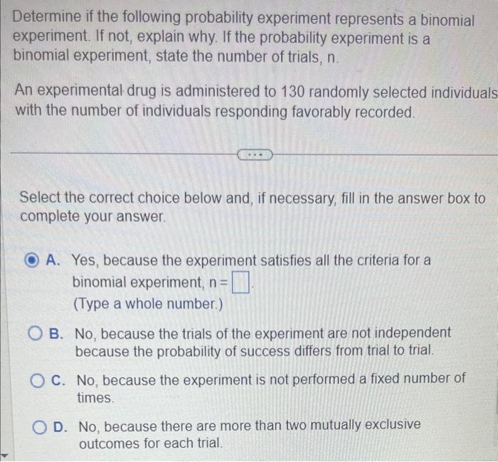 Solved Determine if the following probability experiment | Chegg.com