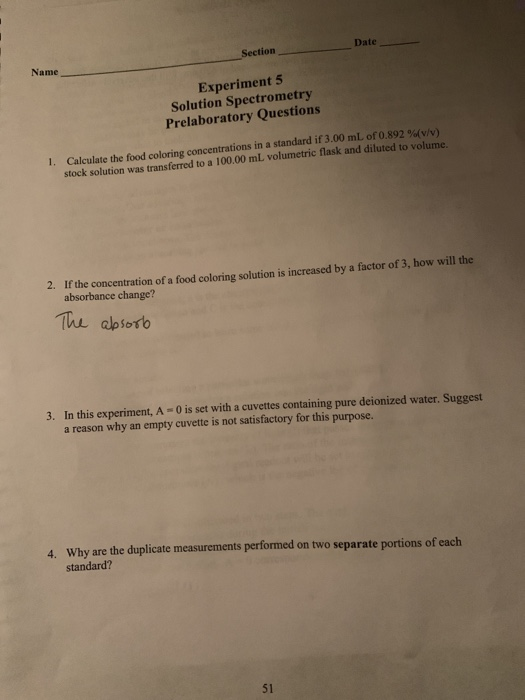 Solved Date Section Name Experiment 5 Solution Spectrometry | Chegg.com