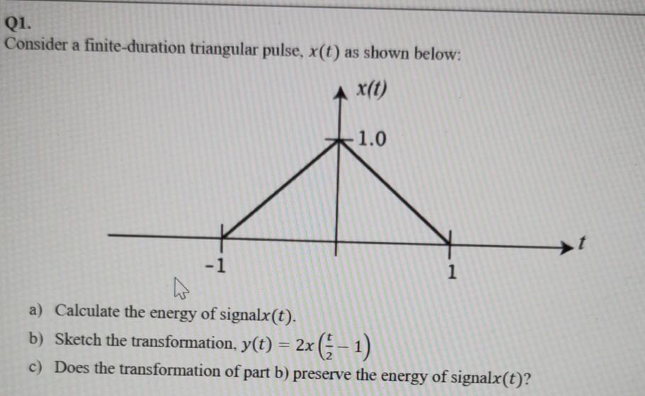 Solved Q1. Consider a finite-duration triangular pulse, x(t) | Chegg.com