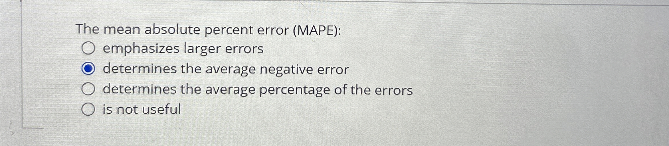 Solved The mean absolute percent error (MAPE):emphasizes | Chegg.com