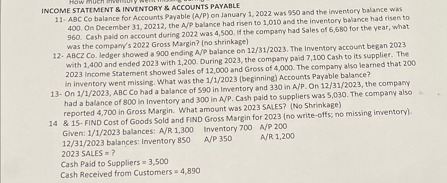 Solved INCOME STATEMENT & INVENTORY & ACCOUNTS PAYABLE11- | Chegg.com