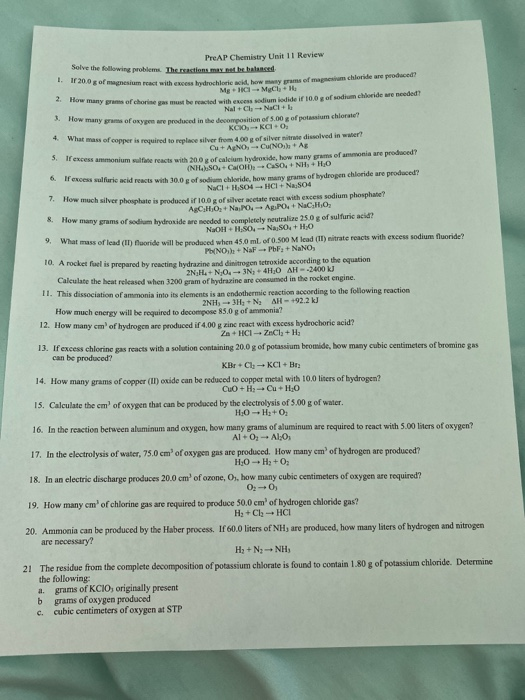 Solved PAP Chemistry Unit 11 Review Solve the following | Chegg.com