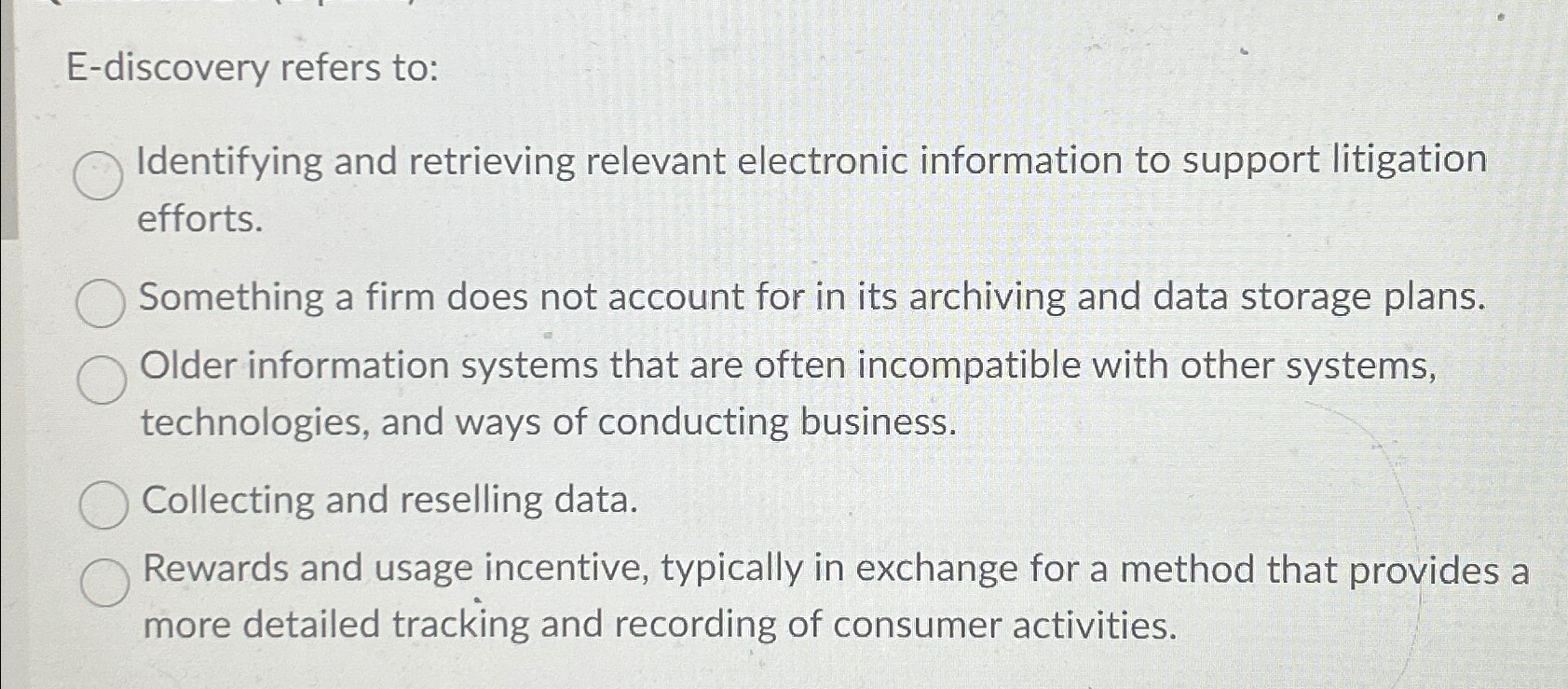 Solved E-discovery refers to:Identifying and retrieving | Chegg.com