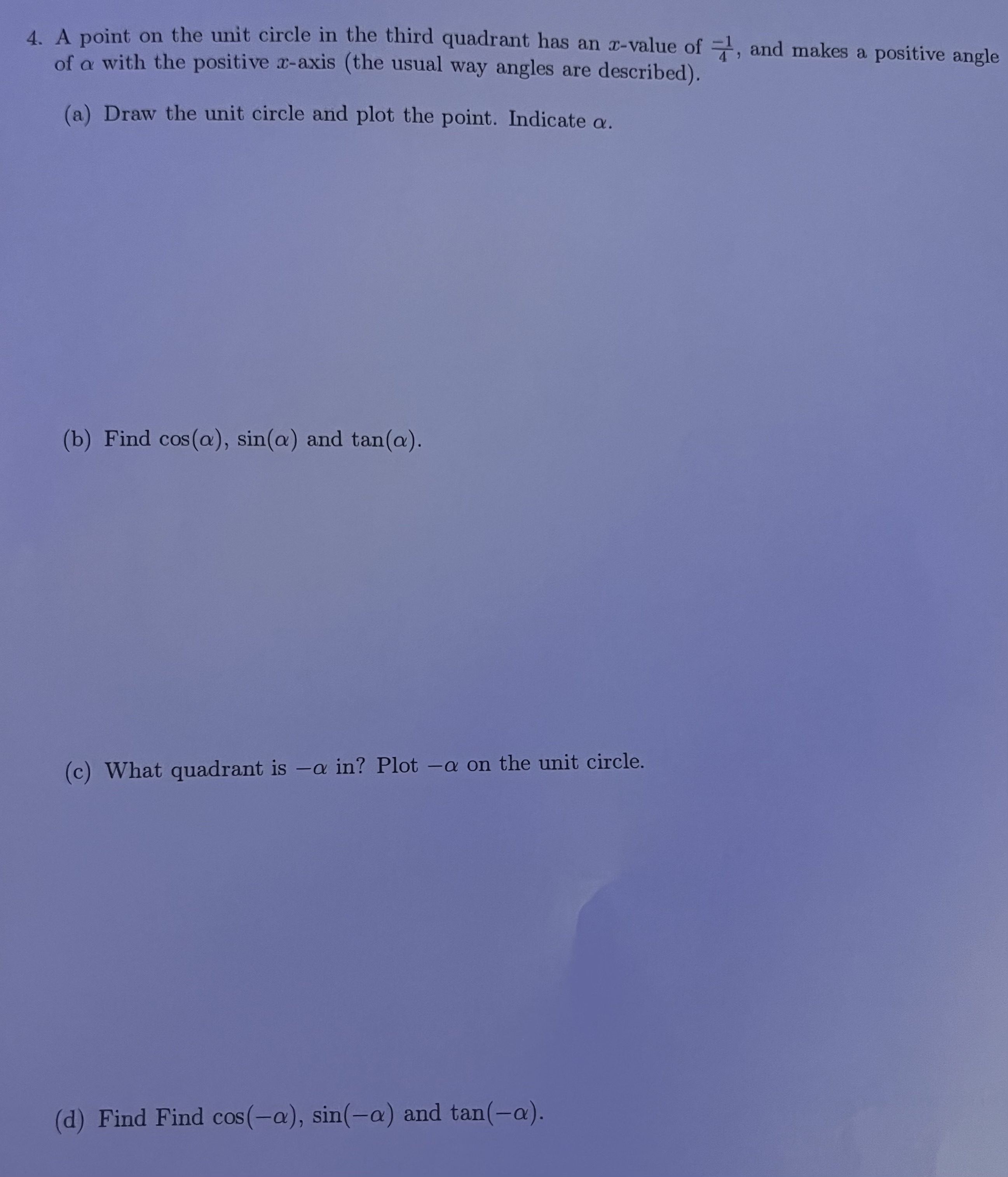 Solved A point on the unit circle in the third quadrant has | Chegg.com