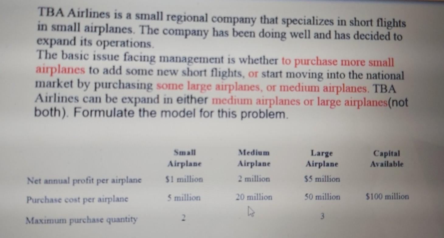 Solved TBA Airlines is a small regional company that | Chegg.com