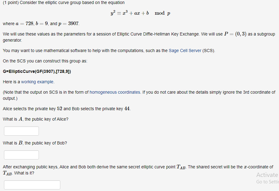 Solved (1 ﻿point) ﻿Consider the elliptic curve group based | Chegg.com