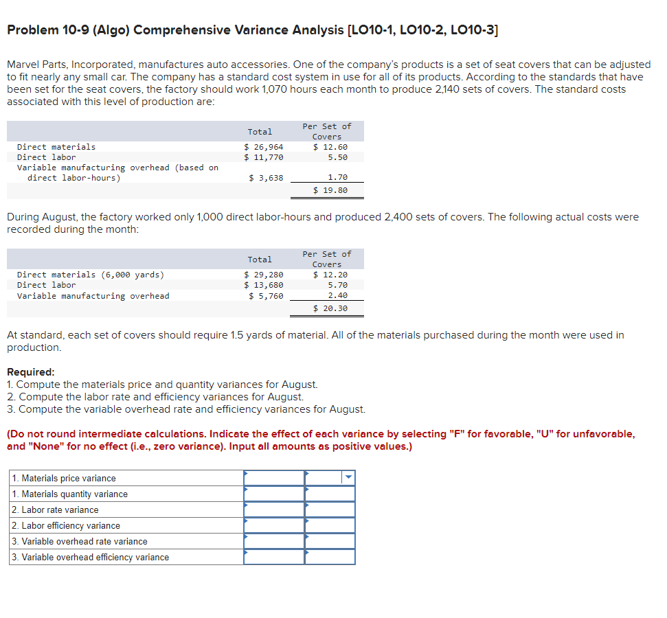 Solved Problem 10-9 (Algo) ﻿Comprehensive Variance Analysis | Chegg.com