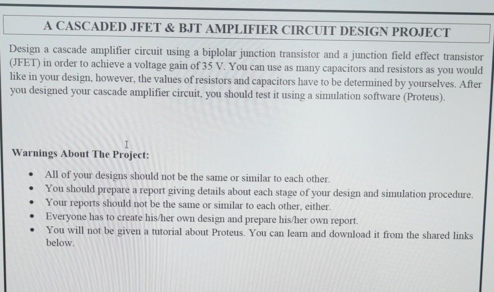 Solved A CASCADED JFET & BJT AMPLIFIER CIRCUIT DESIGN | Chegg.com