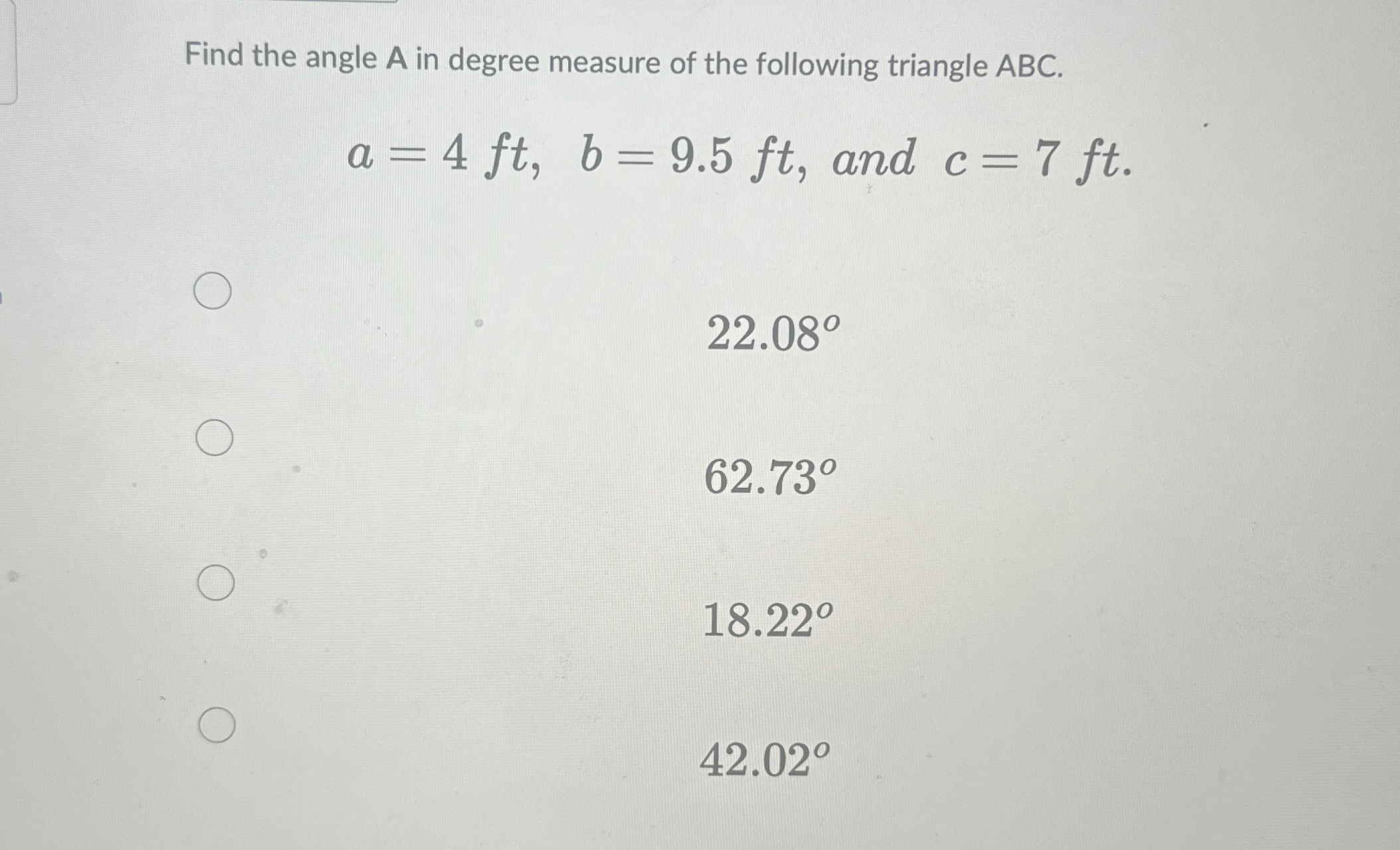 Solved Find the angle A ﻿in degree measure of the following | Chegg.com