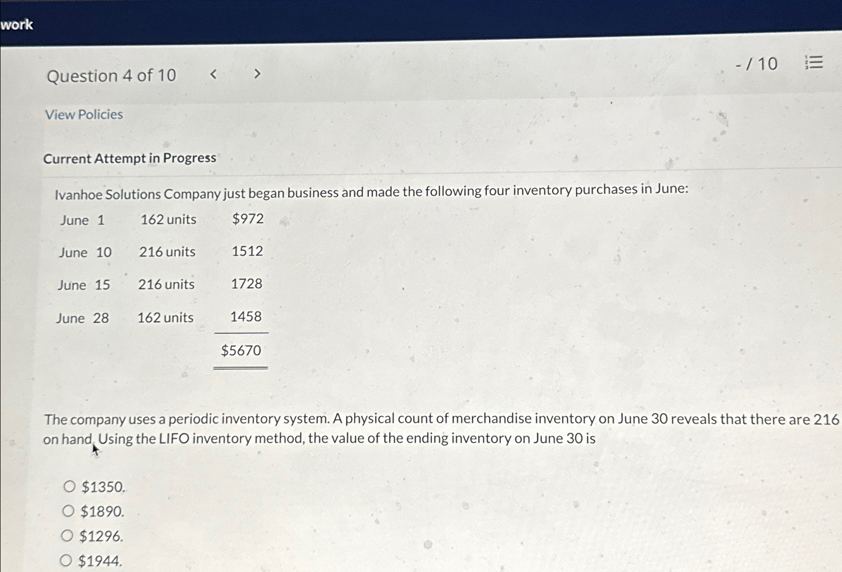 Solved Question 4 ﻿of 10-10View PoliciesCurrent Attempt in | Chegg.com