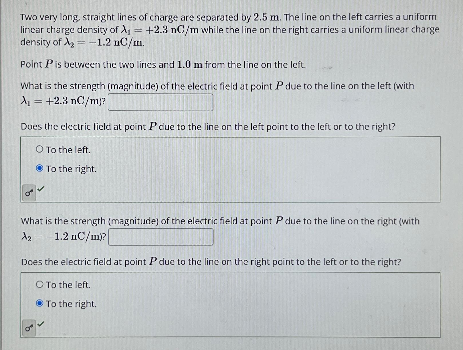Solved Two very long, straight lines of charge are separated | Chegg.com